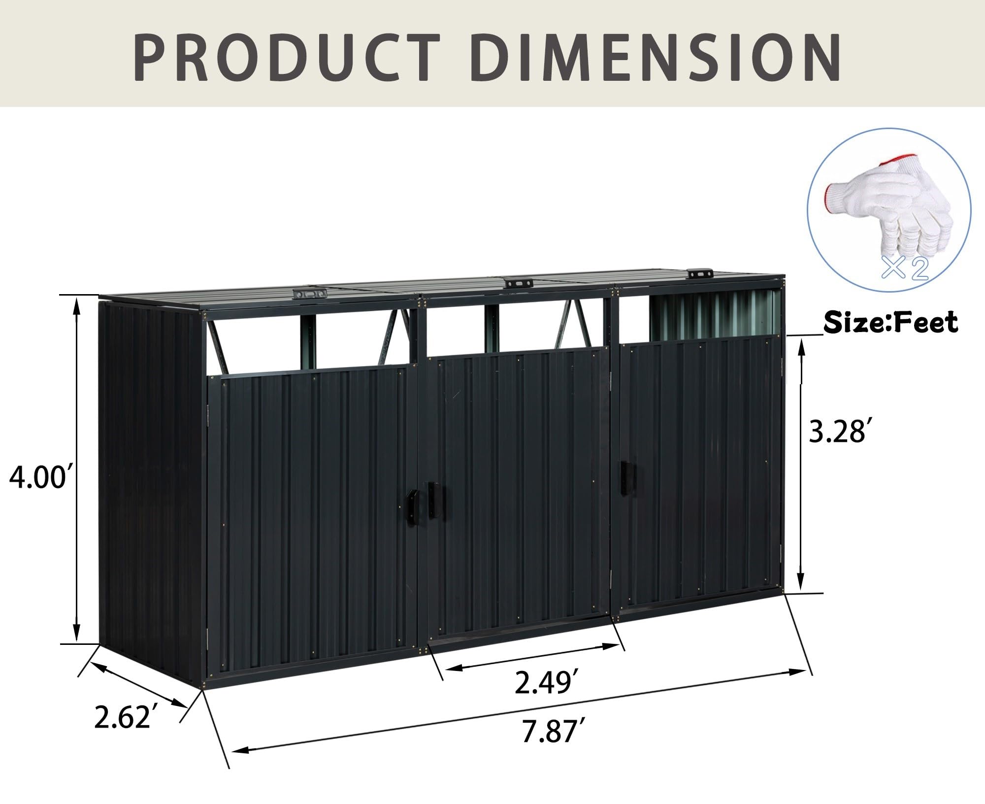 Outdoor Garbage Bin Storage Shed Galvanized for 3 Trash cans with Lockable Doors Metal Outdoor Trash Can Storage Shed for Garden Yard Lawn(Black-3)