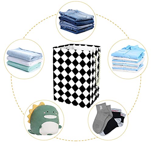 Art Black White Square Checkerboard Large Laundry Hamper With Easy Carry Handle, Waterproof Collapsible Laundry Basket For Storage Bins Kids Room Home Organizer