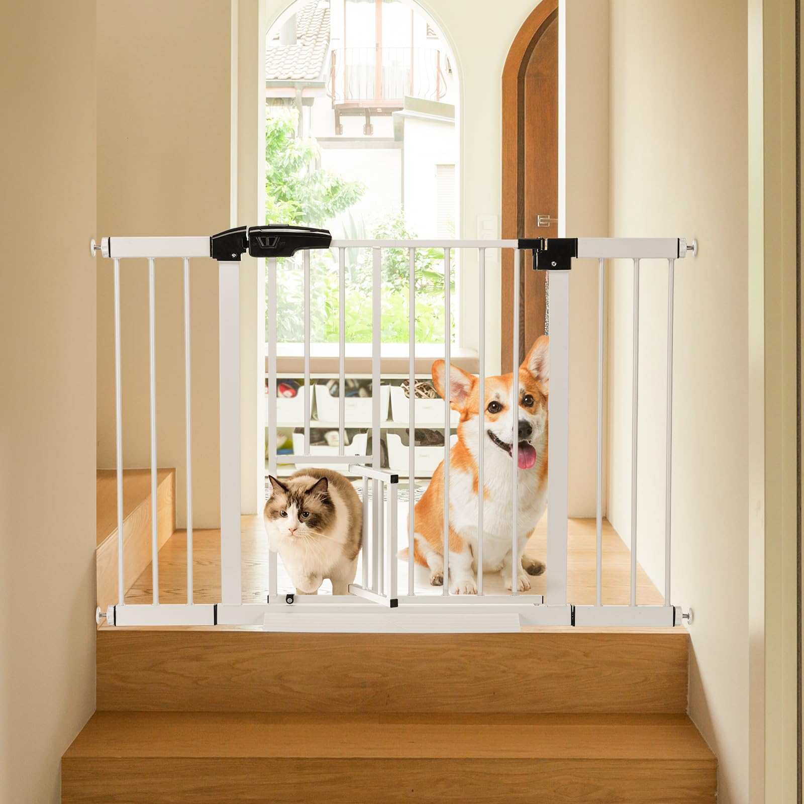 NCDCNI Pet Gate for Dogs, Dog Gate Indoor with Cat Door Walk Through Auto Close Pet Gate for Stairs Safety Gate Doggy Gate Pressure Mounted Kit Included [29.9-48" Extra Wide & 31.5" Height]