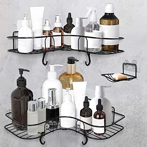Huryfox Corner Shower Caddy Bathroom Organizer Shower Shelf with Soap Holder and Hooks, Adhesive Shower Shelves, Wall Mounted Shampoo Holder, 2 Pack Shower Racks for Inside Shower, Black