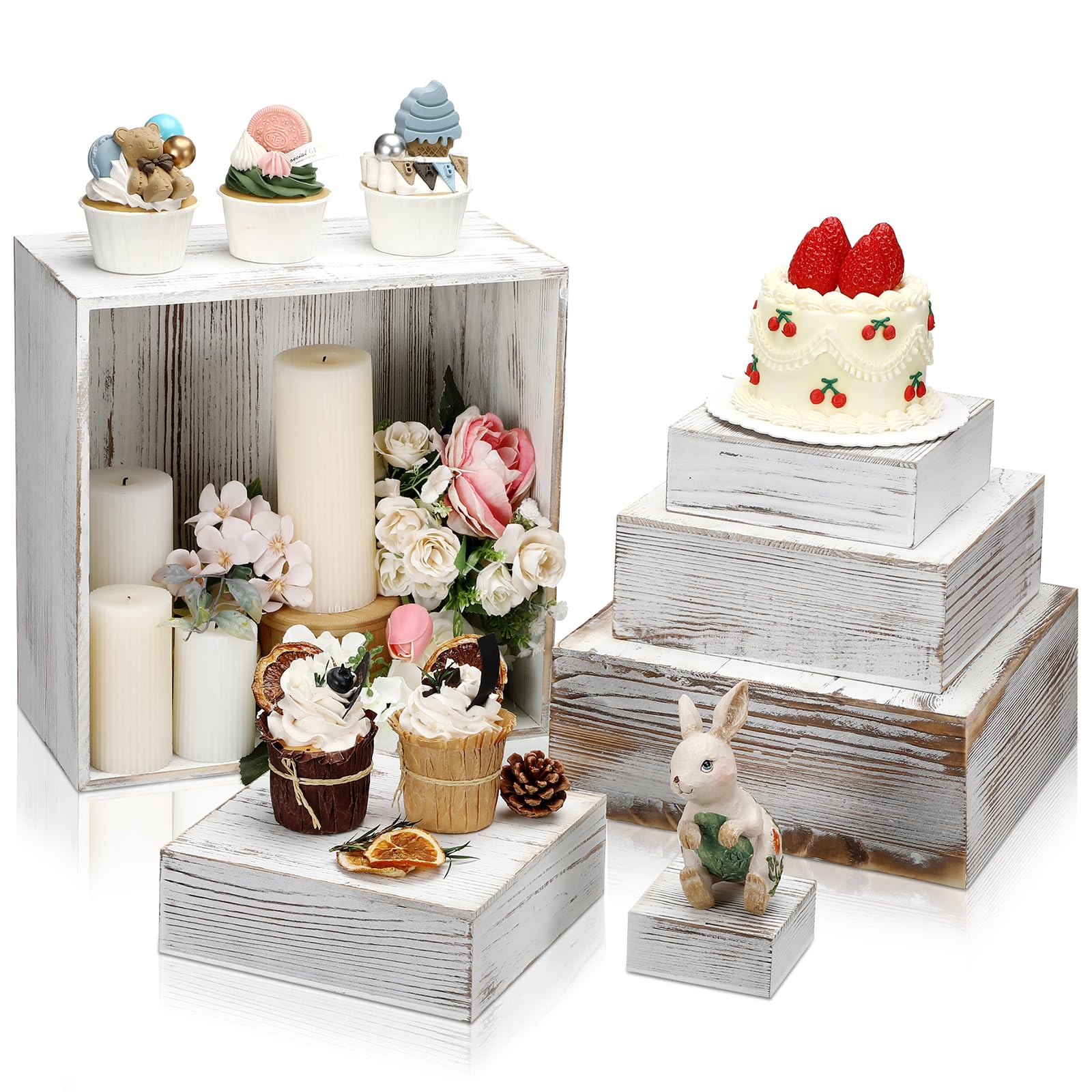 Roowest 6 Pcs Wood Cupcake Display Stand Whitewashed Decorative Dessert Wood Cake Stand Risers Wooden Rustic Square Stackable Decorative Box Risers for Wedding Birthday Christmas Party