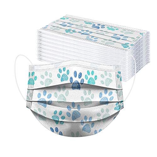 Paw Print Disposable_mask for Women with Design Cat Dog Paw Print Patterned Paper_mask with Breathable 3 ply Adjustable (50 Pack, C)