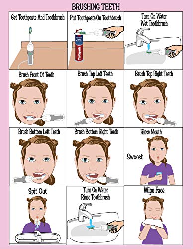 Girls Tooth Brushing HOM ABA/OT Approved Step-by-Step Laminated 9X12 Chart for Kids with Autism or Special Needs. Helps with Independence and self Care. PECS, Autism, Visual Schedules