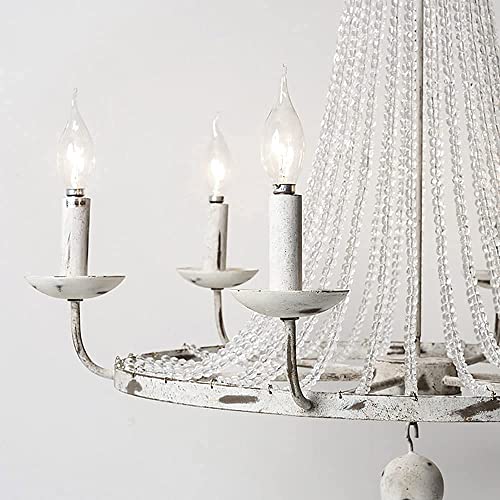 TPMAFF Vintage Chandelier Boho Style Wagon Wheel Chandelier, Shabby Chic Antique White Chandelier, Crystal Hanging Beads and Spa