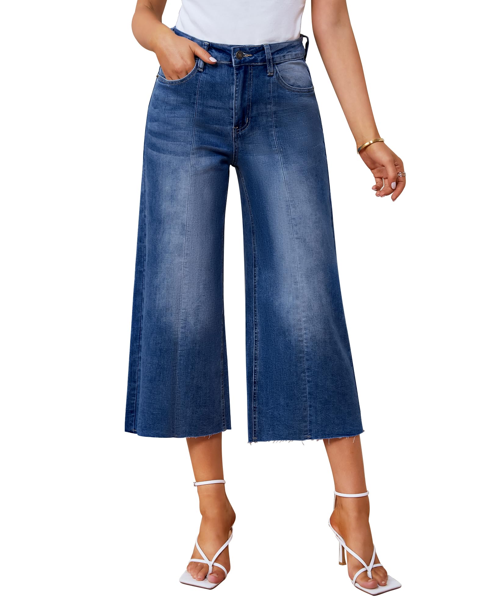 GRAPENT Wide Leg Jeans for Women Ladies Capris Trendy Jeans for Women 2024 High Waisted Cropped Jeans for Women Blue Jean Capris for Women Seamed Color Cobalt Night Blue Size Medium Size 8 Size 10