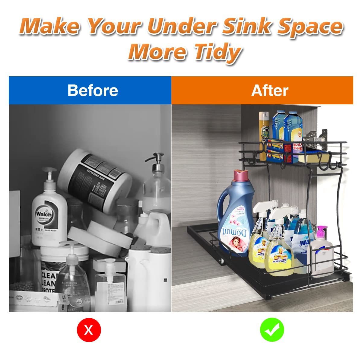 JIKEXINGMENG 2-Tier Under Sink Organizer with Slide-Out Shelves - Easy-to-Install Metal Storage Basket Drawer - Ideal for Kitchen, Bathroom, and Pantry Cabinets - Fits 11-Inch Cabinet Opening