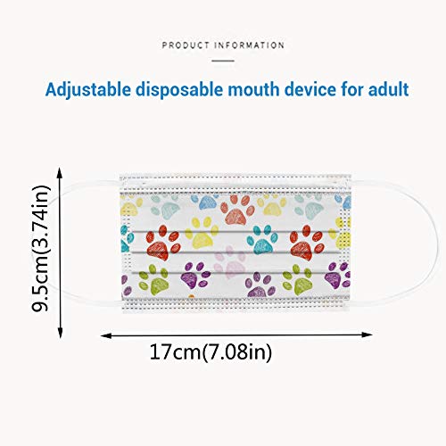Paw Print Disposable_mask for Women with Design Cat Dog Paw Print Patterned Paper_mask with Breathable 3 ply Adjustable (50 Pack, C)