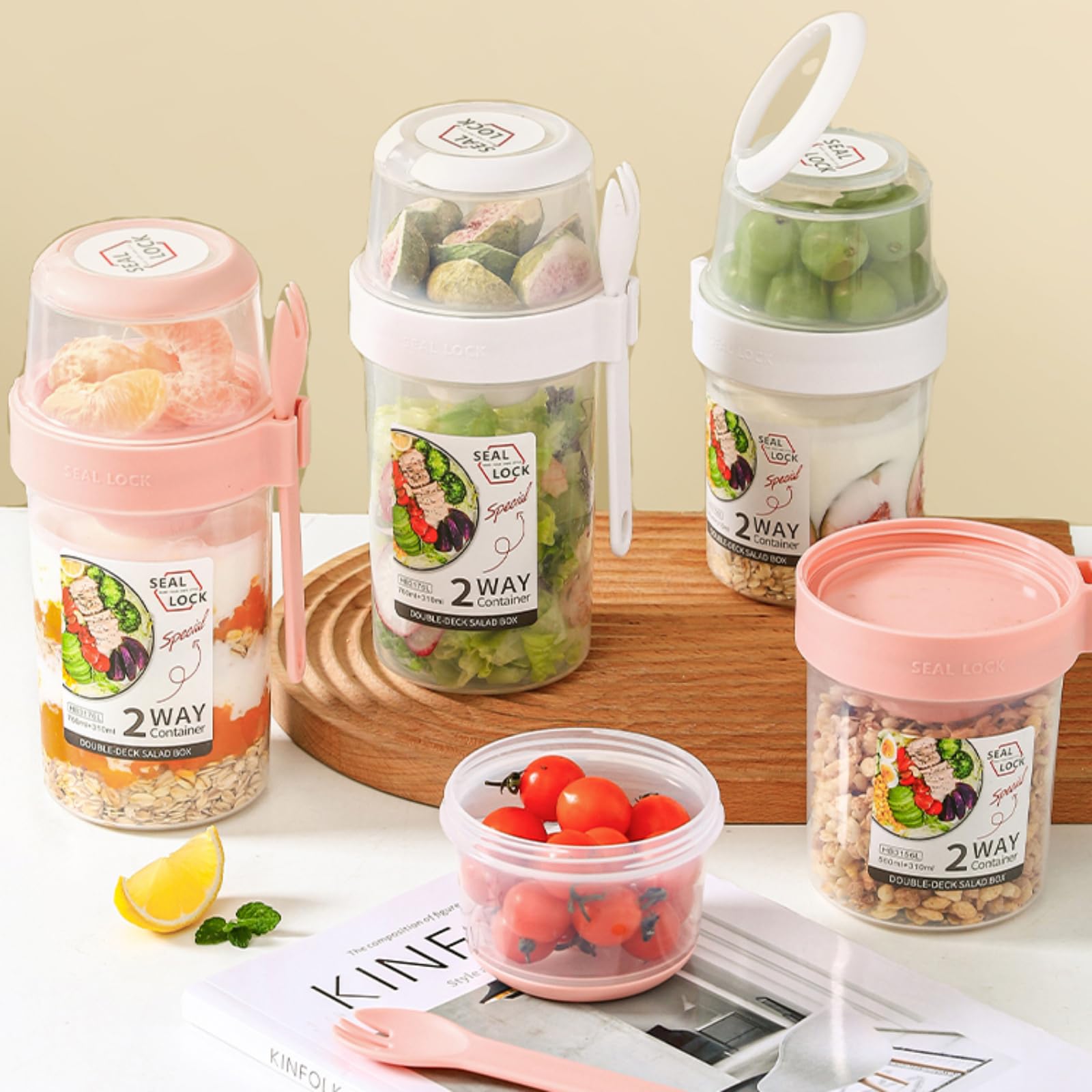 daasigwaa Breakfast On The Go Cups, Salad Cup To Go, Take And Go Yogurt Cereal Overnight Oats Snack Parfait Containers & Salad Dressing Holder With Fork For Lunch, Fruit & Vegetable Jar(Green,36.2oz)
