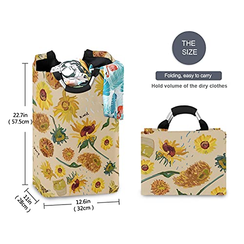 Poeticcity Van Gogh Style Sunflowers Laundry Hamper Basket Bucket, Foldable Dirty Clothes Bag, Waterproof Fabric Washing Bin, Toy Storage with Handles for Bathroom Bedroom