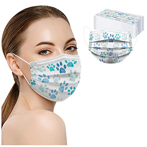 Paw Print Disposable_mask for Women with Design Cat Dog Paw Print Patterned Paper_mask with Breathable 3 ply Adjustable (50 Pack, C)