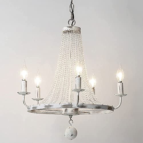 TPMAFF Vintage Chandelier Boho Style Wagon Wheel Chandelier, Shabby Chic Antique White Chandelier, Crystal Hanging Beads and Spa
