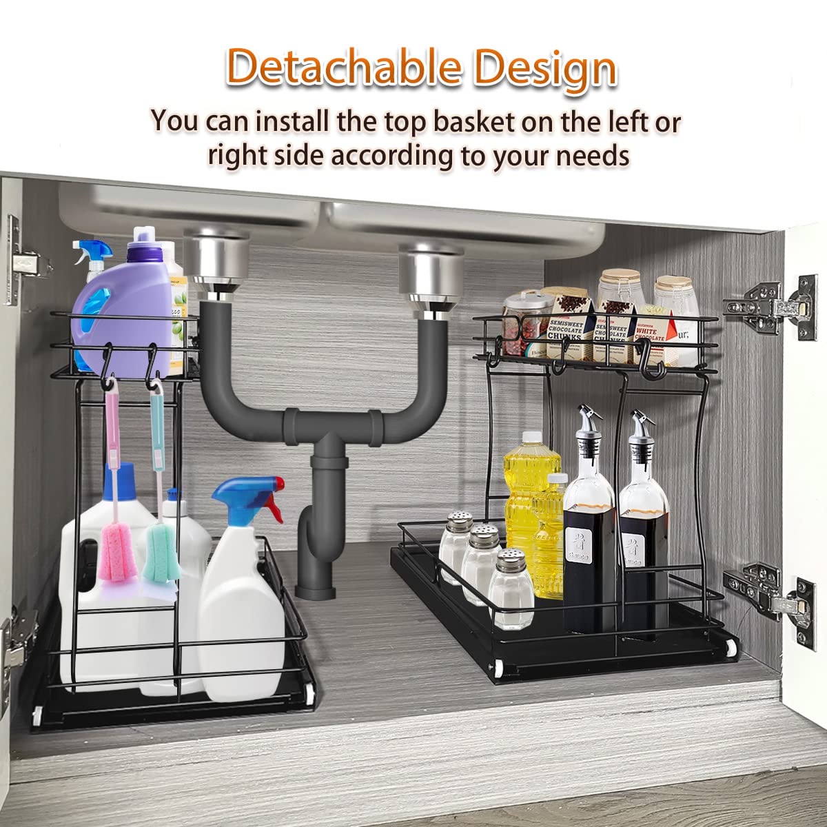 JIKEXINGMENG 2-Tier Under Sink Organizer with Slide-Out Shelves - Easy-to-Install Metal Storage Basket Drawer - Ideal for Kitchen, Bathroom, and Pantry Cabinets - Fits 11-Inch Cabinet Opening