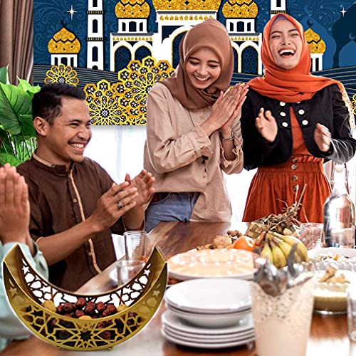 PRETYZOOM Crescent Moon Tray Ramadan Eid Mubarak Trays Platters Moon Dinner Plate Tableware Dessert Food Serving Tray Ramadan Muslim Islamic Party Supply Golden