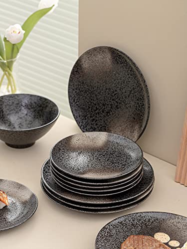 Kanwone Ceramic Dinner Plates - Set of 6, 10 Inch, Round Plates for Steak, Pasta, Salad, Pizza, Appetizer, Microwave, Oven and Dishwasher Safe, Black Glazed