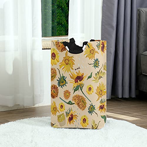 Poeticcity Van Gogh Style Sunflowers Laundry Hamper Basket Bucket, Foldable Dirty Clothes Bag, Waterproof Fabric Washing Bin, Toy Storage with Handles for Bathroom Bedroom