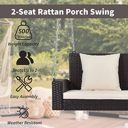 FANYE Outdoor PE Wicker Swing Chains, Pillows for Garden, Backyard, Pond Porch Furniture Set, 2 Seaters Double Rattan Cushioned Conversation Hanging Sofa & Couch, Brown+Beige
