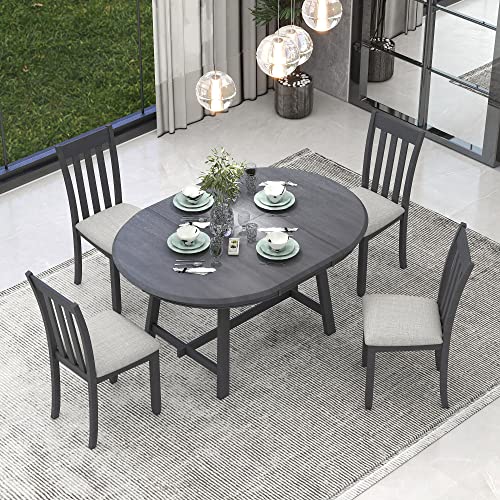 Lepfun Round Extendable Chairs, 4 Person, Wooden Kitchen Home Room (Grey), 5 Pieces Dining Table Set 1