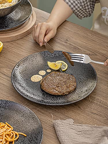 Kanwone Ceramic Dinner Plates - Set of 6, 10 Inch, Round Plates for Steak, Pasta, Salad, Pizza, Appetizer, Microwave, Oven and Dishwasher Safe, Black Glazed