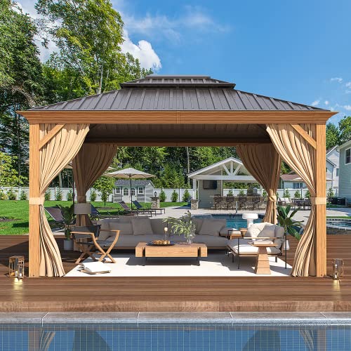 Erinnyees 10' X 12' Aluminum Wood Grain Hardtop Gazebo, Outdoor Aluminum Double Roof with Privacy Curtain and Mosquito Net for Patio, Garden, Lawn Deck (Wood Looking)