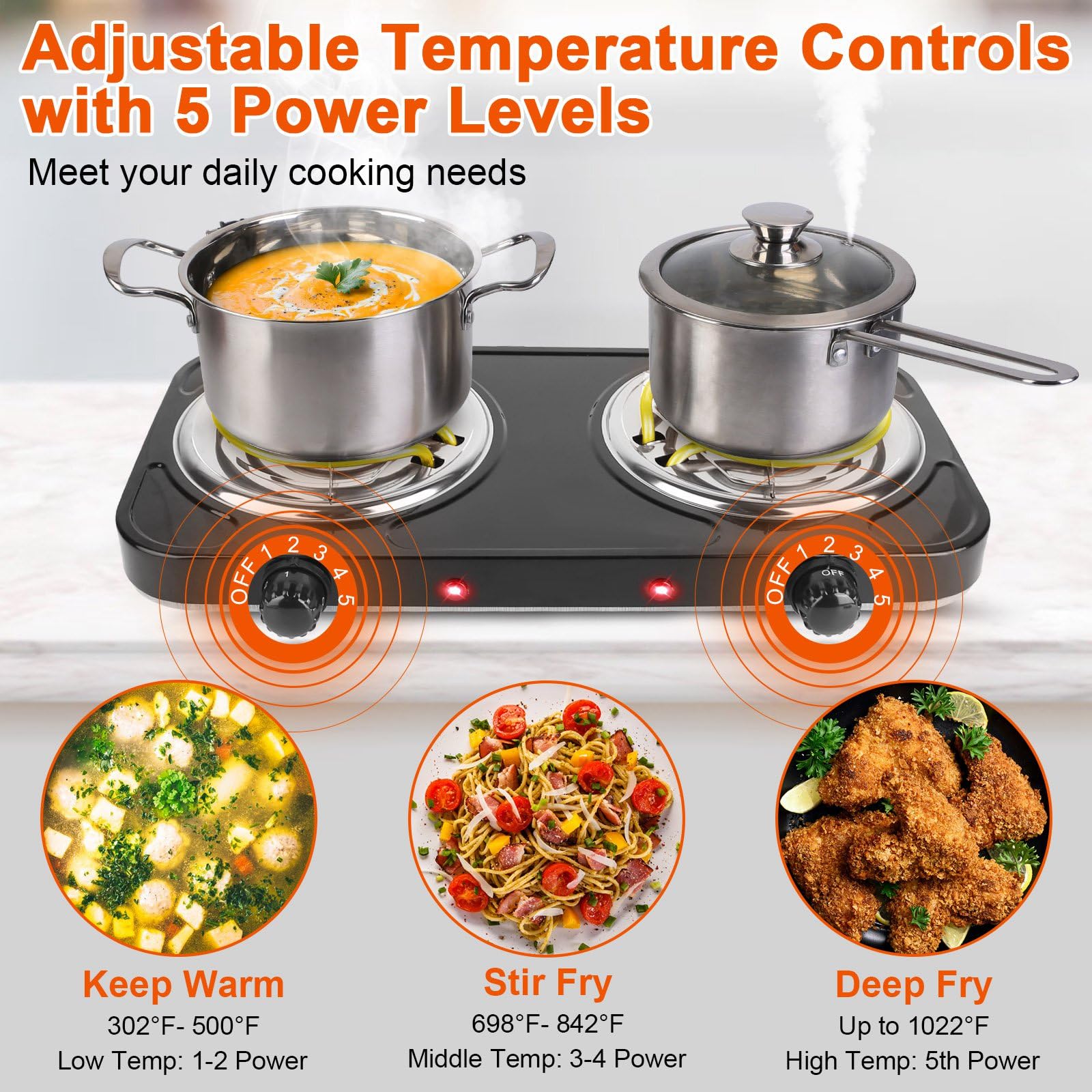 Countertop Burner, Electric Double Burners 2000 Watts, Hot Plate Cooktop with 5 Temperature Control, Non Slip Rubber Feet, Portable Coil Heating Stove Countertop RV Hotplate for Home or Dorm(Black 2)