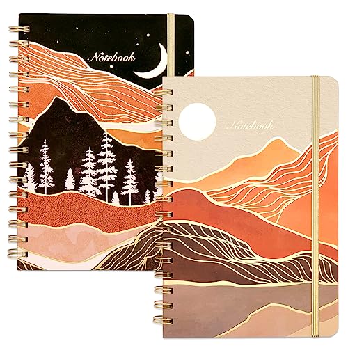 EOOUT 2 Pack Spiral Notebook Journals for Women, A5 Size 5.7x 8.5 Inches College Ruled Hardcover Spiral Journal, 160 Pages 2 Abstract Sun and Moon Design Back Pocket, for Office School Supplies Gifts