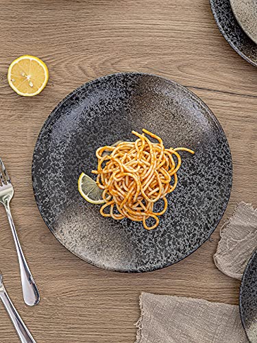 Kanwone Ceramic Dinner Plates - Set of 6, 10 Inch, Round Plates for Steak, Pasta, Salad, Pizza, Appetizer, Microwave, Oven and Dishwasher Safe, Black Glazed