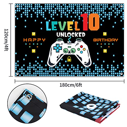 HAMIGAR 6x4ft Happy 10th Birthday Baner Backdrop - Level 10 Unlocked Birthday Decorations Party Supplies for Boys - Blue