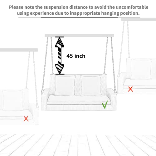 FANYE Outdoor PE Wicker Swing Chains, Pillows for Garden, Backyard, Pond Porch Furniture Set, 2 Seaters Double Rattan Cushioned Conversation Hanging Sofa & Couch, Brown+Beige