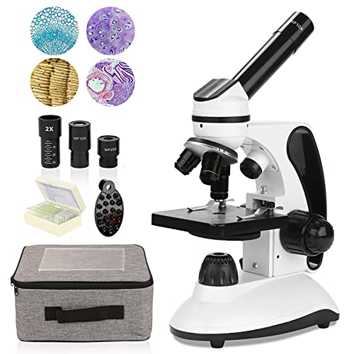 Microscope for Adults, 40~2000x Compound Monocular Microscope with Storage Bag, Slides, Phone Adapter-for School, Home Education, Science Lab