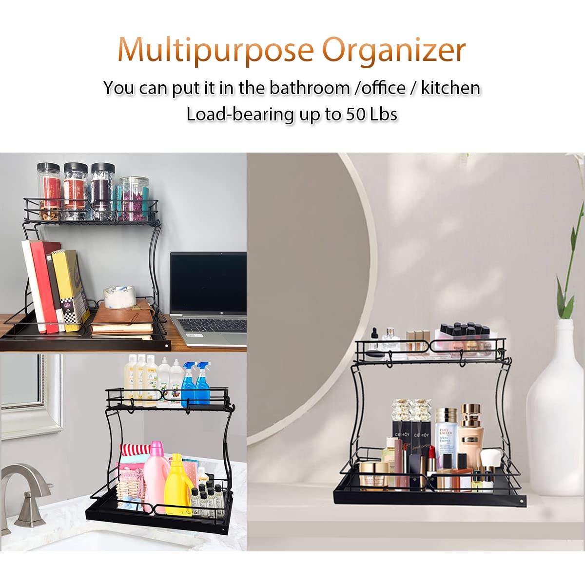 JIKEXINGMENG 2-Tier Under Sink Organizer with Slide-Out Shelves - Easy-to-Install Metal Storage Basket Drawer - Ideal for Kitchen, Bathroom, and Pantry Cabinets - Fits 11-Inch Cabinet Opening