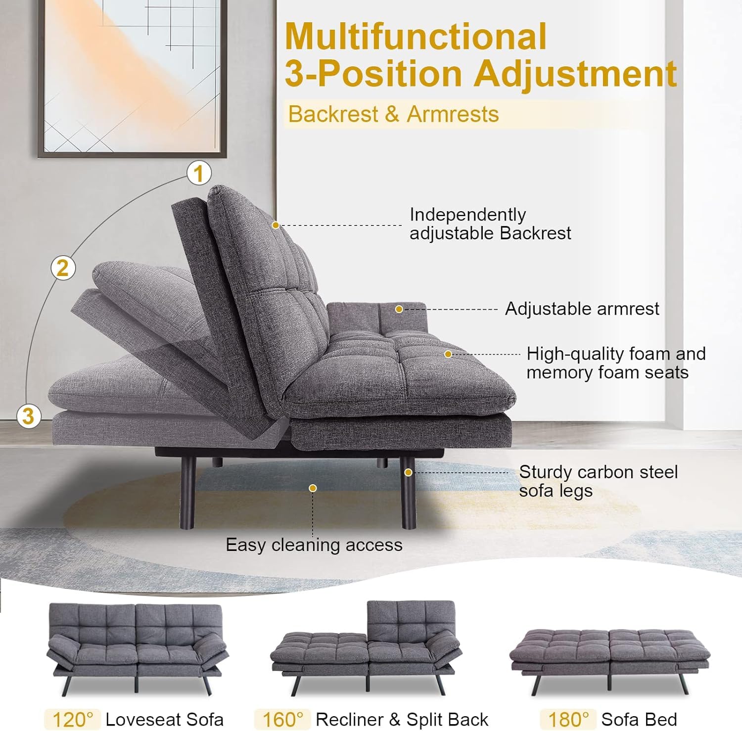 MUUEGM Futon Sofa Bed,Memory Foam Futon Couch Bed Modern Futon Convertible Sleeper Sofa, Faux Leather Love Seat with Adjustable Armrests & Backrests for Small Space Living Room Apartment Offices,Grey