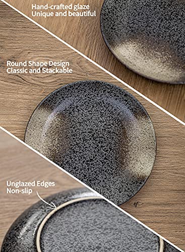 Kanwone Ceramic Dinner Plates - Set of 6, 10 Inch, Round Plates for Steak, Pasta, Salad, Pizza, Appetizer, Microwave, Oven and Dishwasher Safe, Black Glazed