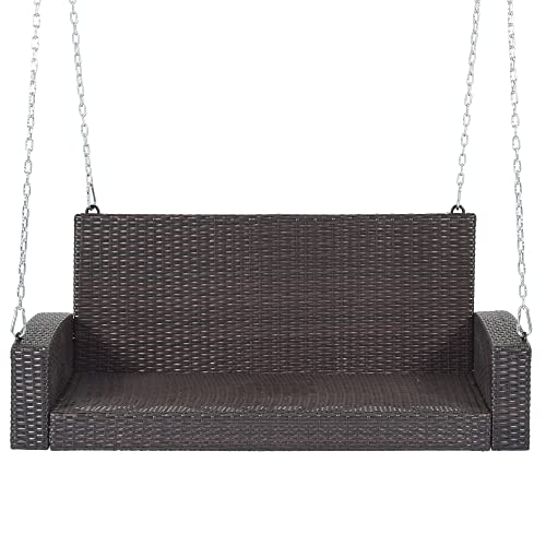 FANYE Outdoor PE Wicker Swing Chains, Pillows for Garden, Backyard, Pond Porch Furniture Set, 2 Seaters Double Rattan Cushioned Conversation Hanging Sofa & Couch, Brown+Beige