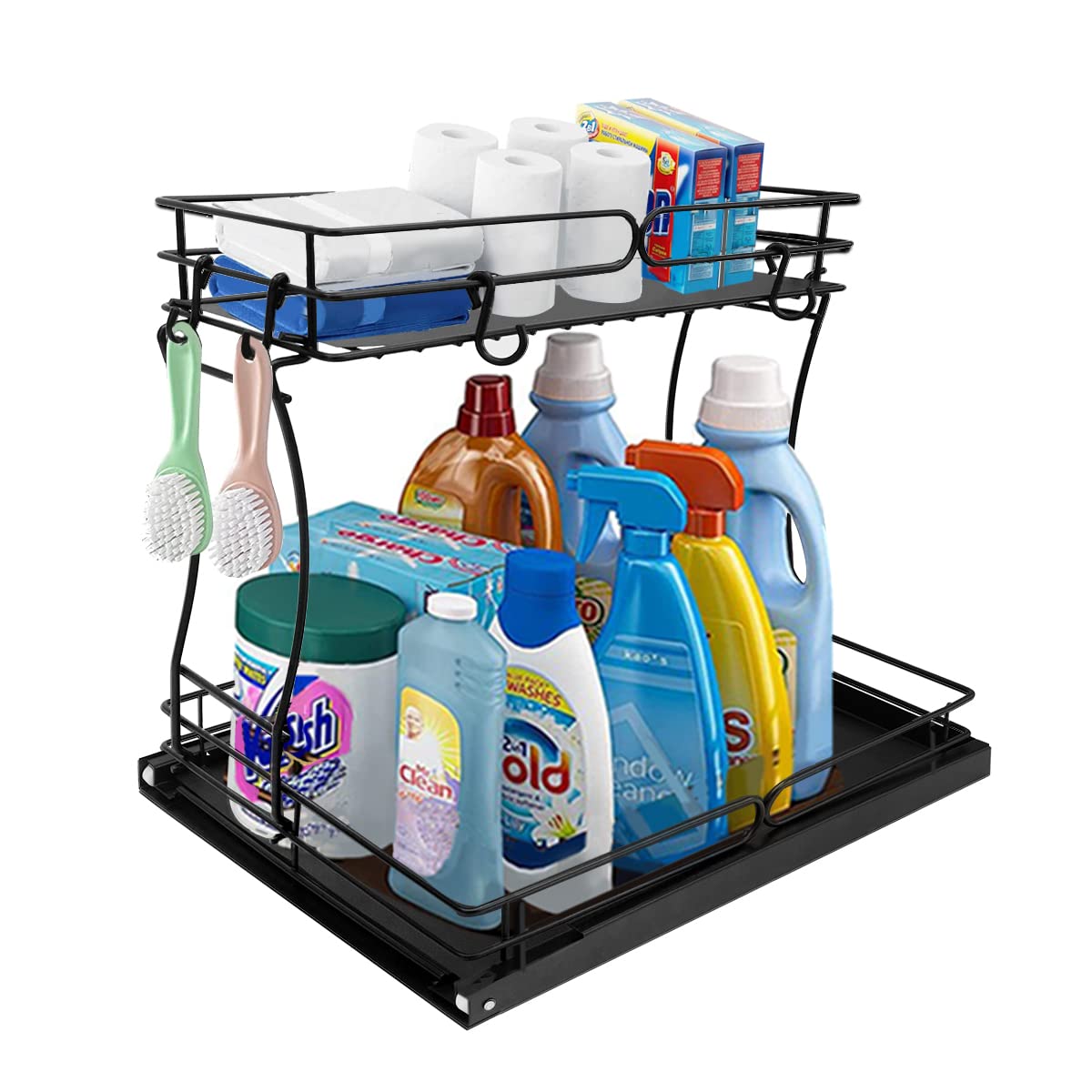 JIKEXINGMENG 2-Tier Under Sink Organizer with Slide-Out Shelves - Easy-to-Install Metal Storage Basket Drawer - Ideal for Kitchen, Bathroom, and Pantry Cabinets - Fits 11-Inch Cabinet Opening