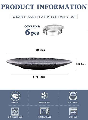 Kanwone Ceramic Dinner Plates - Set of 6, 10 Inch, Round Plates for Steak, Pasta, Salad, Pizza, Appetizer, Microwave, Oven and Dishwasher Safe, Black Glazed