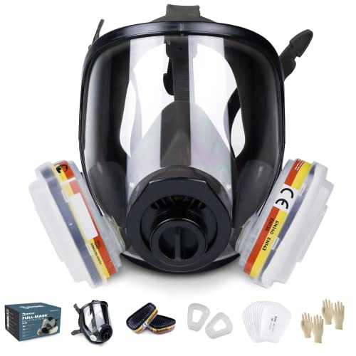 Full Face Respirator Gas Mask RHINO RH-7011 for Organic Vapor, Chemical, Dust, Painting (+ Acid Gas) Including Replacement Filters and Protection Gloves