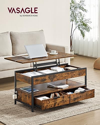 VASAGLE Lift Top Coffee Table with Storage Drawers and Charging Station, Coffee Table for Living Room with Lifting Top, Hidden Compartments and Open Shelf, Rustic Brown and Ink Black ULCT206B01