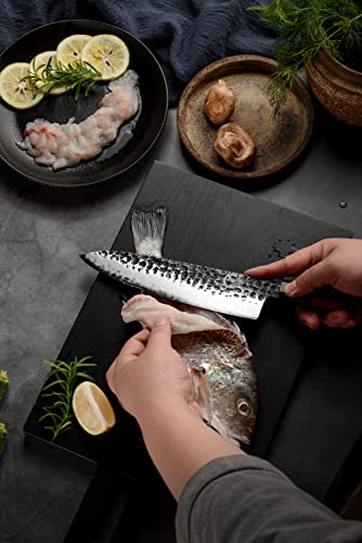 Chef Knife 8-Inch Handmade Forged Pro Japanese Sharp AUS10 High Carbon 3-layer Steel Kitchen Meat Vegetable Sushi Gyuto Cutting Cleaver Kitchen Chef Knife[Gift Box &Wooden Sheath]–Wooden Handle