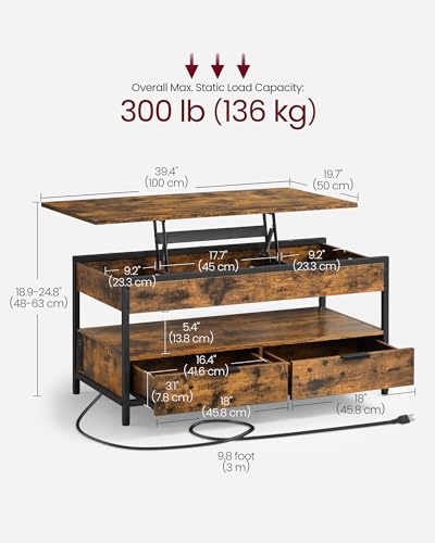 VASAGLE Lift Top Coffee Table with Storage Drawers and Charging Station, Coffee Table for Living Room with Lifting Top, Hidden Compartments and Open Shelf, Rustic Brown and Ink Black ULCT206B01
