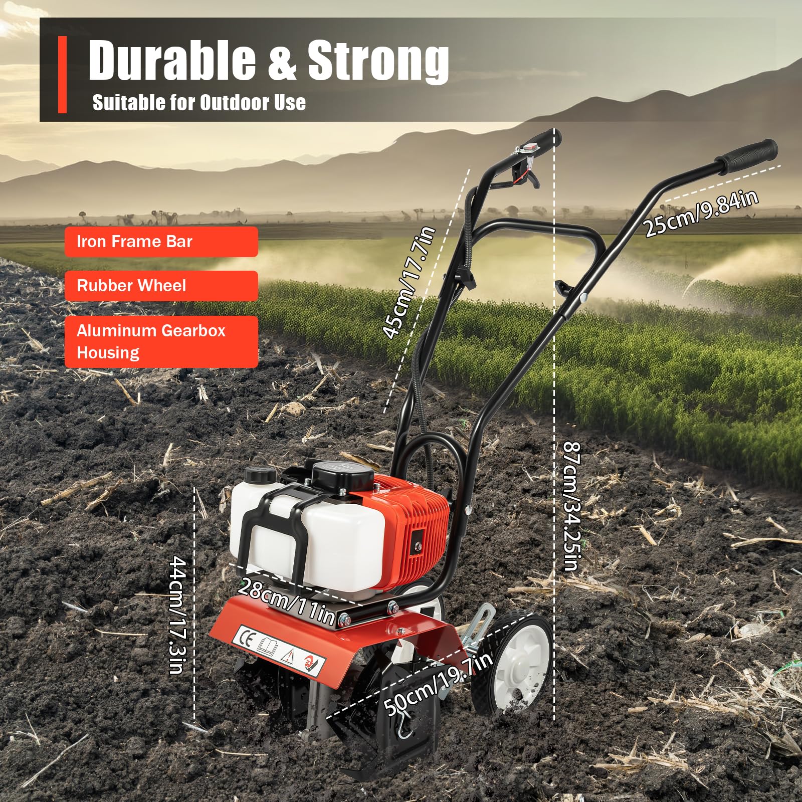 Rototiller Tiller Cultivator, 52CC 2-Stroke Forward Swivel Compact Fork Tiller Gas Motor Cultivator Premium Steel Adjustable Forward Swivel Tine for Garden & Lawn, Digging & Soil Tillage