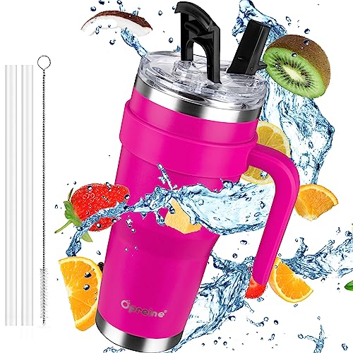 Opreine 32oz Insulated Tumbler with Straw and Handle, Double Wall Vacuum Stainless Steel Tumbler Coffee Mug Cup, Fit for Car Holder, Sweat Proof, Leak Proof, Dishwasher Safe, Hot Pink