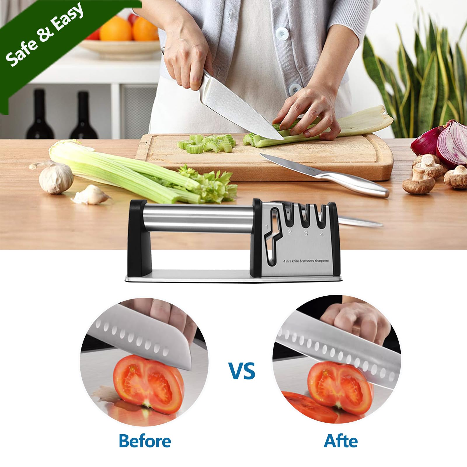 Knife Sharpeners,4 in 1 Kitchen Knife and Scissors Sharpener,Grind and Polish Knife Accessories,Manual Knife Sharpener for Ceramic and Steel Knives,Scissors,Outdoor Knives.