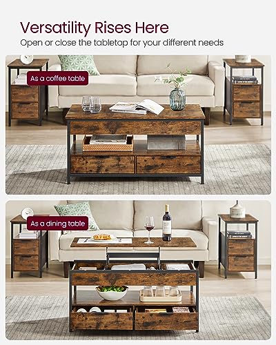 VASAGLE Lift Top Coffee Table with Storage Drawers and Charging Station, Coffee Table for Living Room with Lifting Top, Hidden Compartments and Open Shelf, Rustic Brown and Ink Black ULCT206B01