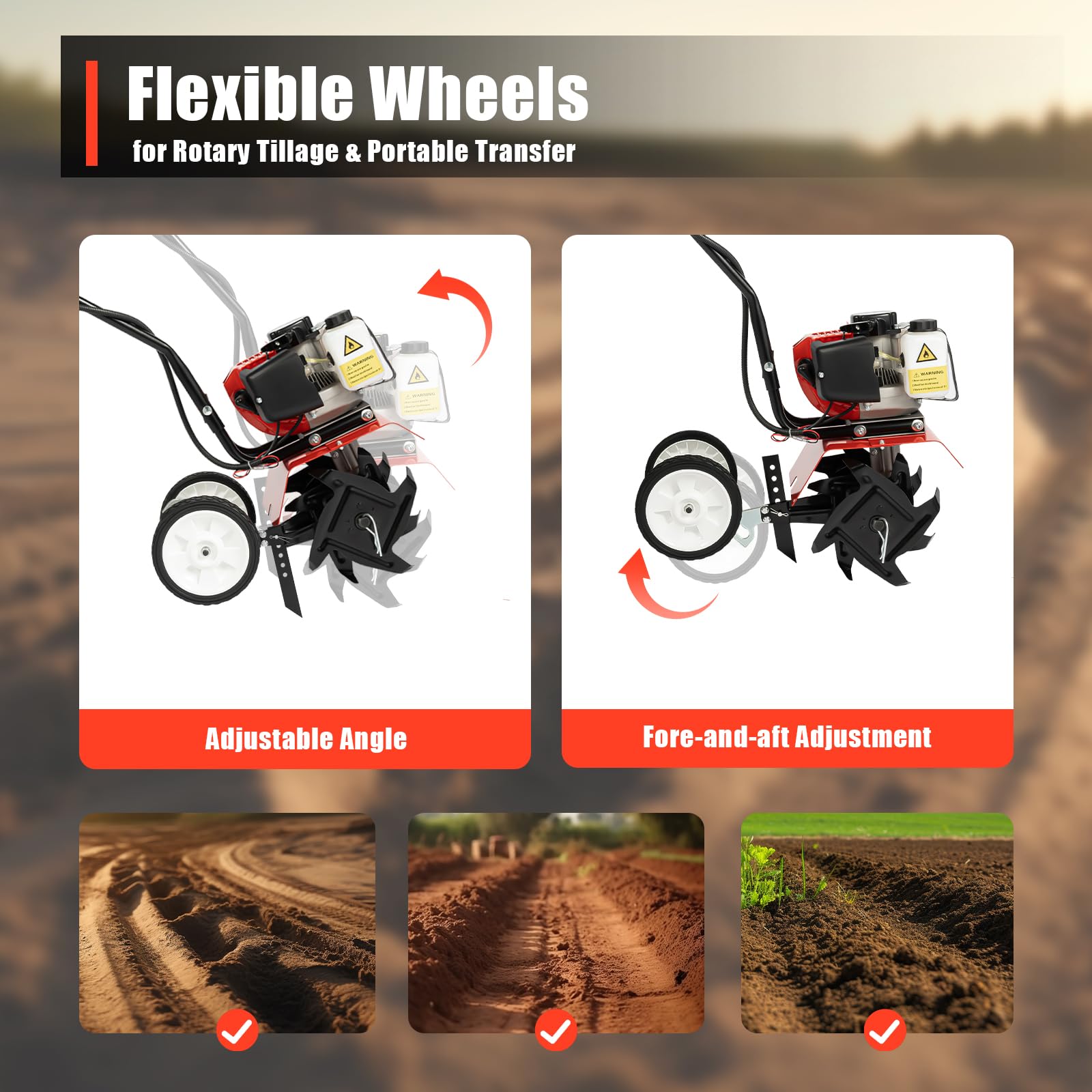 Rototiller Tiller Cultivator, 52CC 2-Stroke Forward Swivel Compact Fork Tiller Gas Motor Cultivator Premium Steel Adjustable Forward Swivel Tine for Garden & Lawn, Digging & Soil Tillage