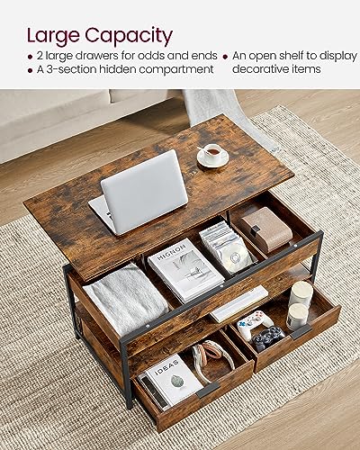 VASAGLE Lift Top Coffee Table with Storage Drawers and Charging Station, Coffee Table for Living Room with Lifting Top, Hidden Compartments and Open Shelf, Rustic Brown and Ink Black ULCT206B01