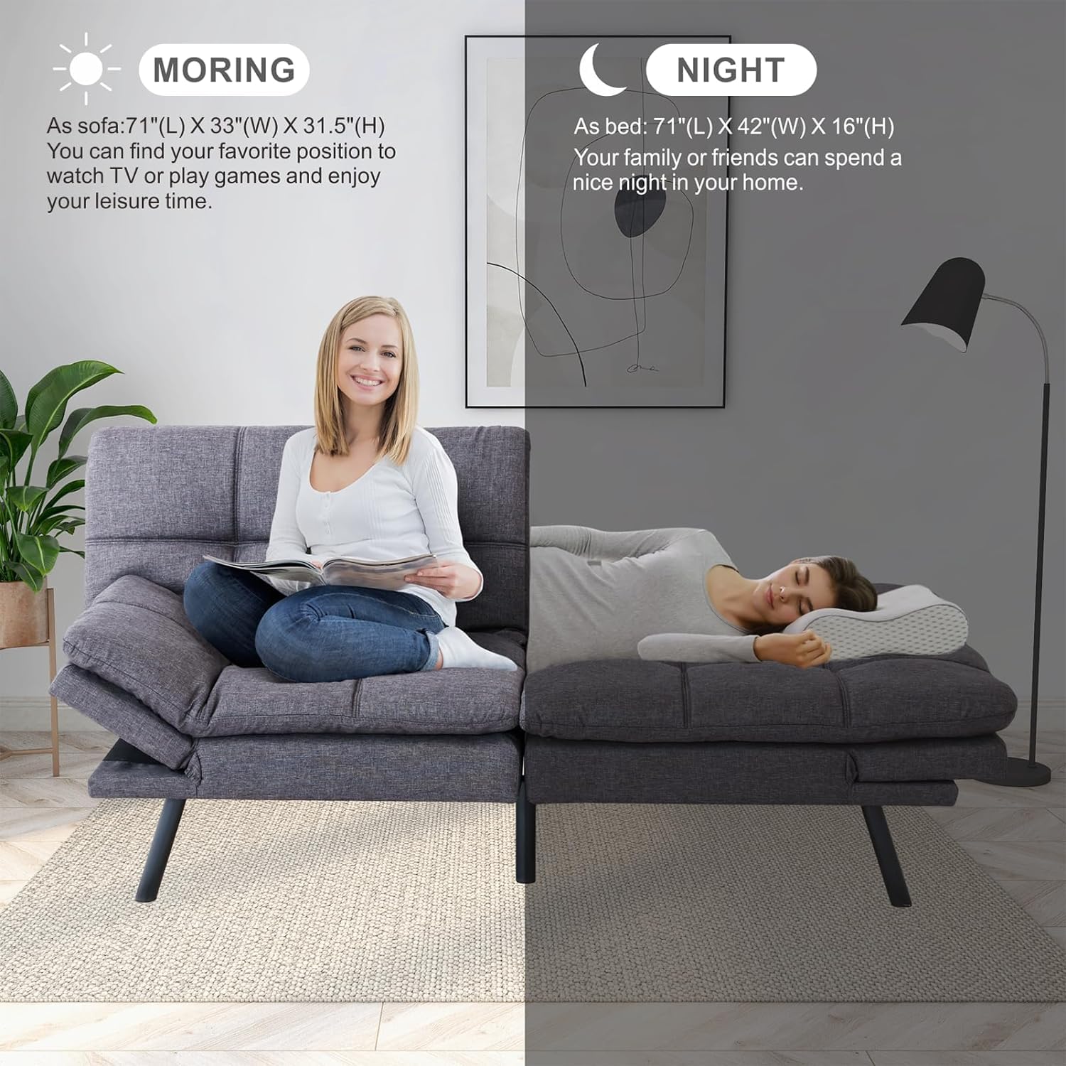 MUUEGM Futon Sofa Bed,Memory Foam Futon Couch Bed Modern Futon Convertible Sleeper Sofa, Faux Leather Love Seat with Adjustable Armrests & Backrests for Small Space Living Room Apartment Offices,Grey