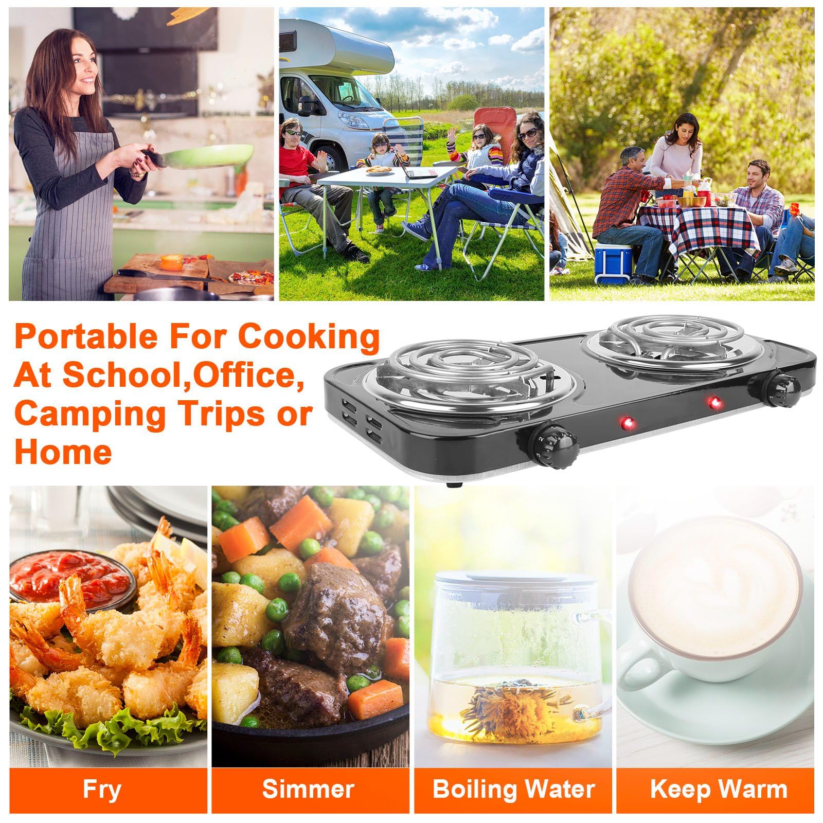 Countertop Burner, Electric Double Burners 2000 Watts, Hot Plate Cooktop with 5 Temperature Control, Non Slip Rubber Feet, Portable Coil Heating Stove Countertop RV Hotplate for Home or Dorm(Black 2)
