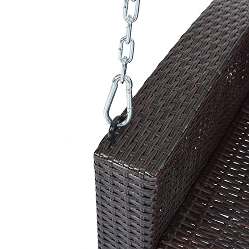 FANYE Outdoor PE Wicker Swing Chains, Pillows for Garden, Backyard, Pond Porch Furniture Set, 2 Seaters Double Rattan Cushioned Conversation Hanging Sofa & Couch, Brown+Beige