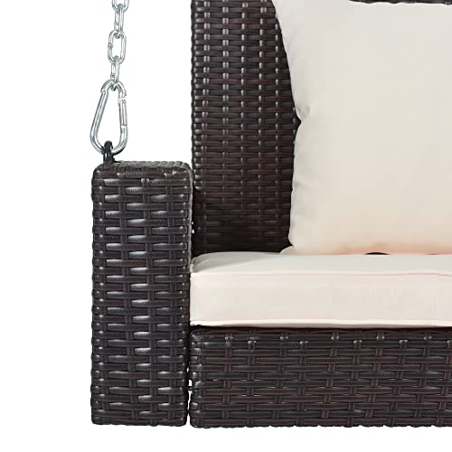 FANYE Outdoor PE Wicker Swing Chains, Pillows for Garden, Backyard, Pond Porch Furniture Set, 2 Seaters Double Rattan Cushioned Conversation Hanging Sofa & Couch, Brown+Beige