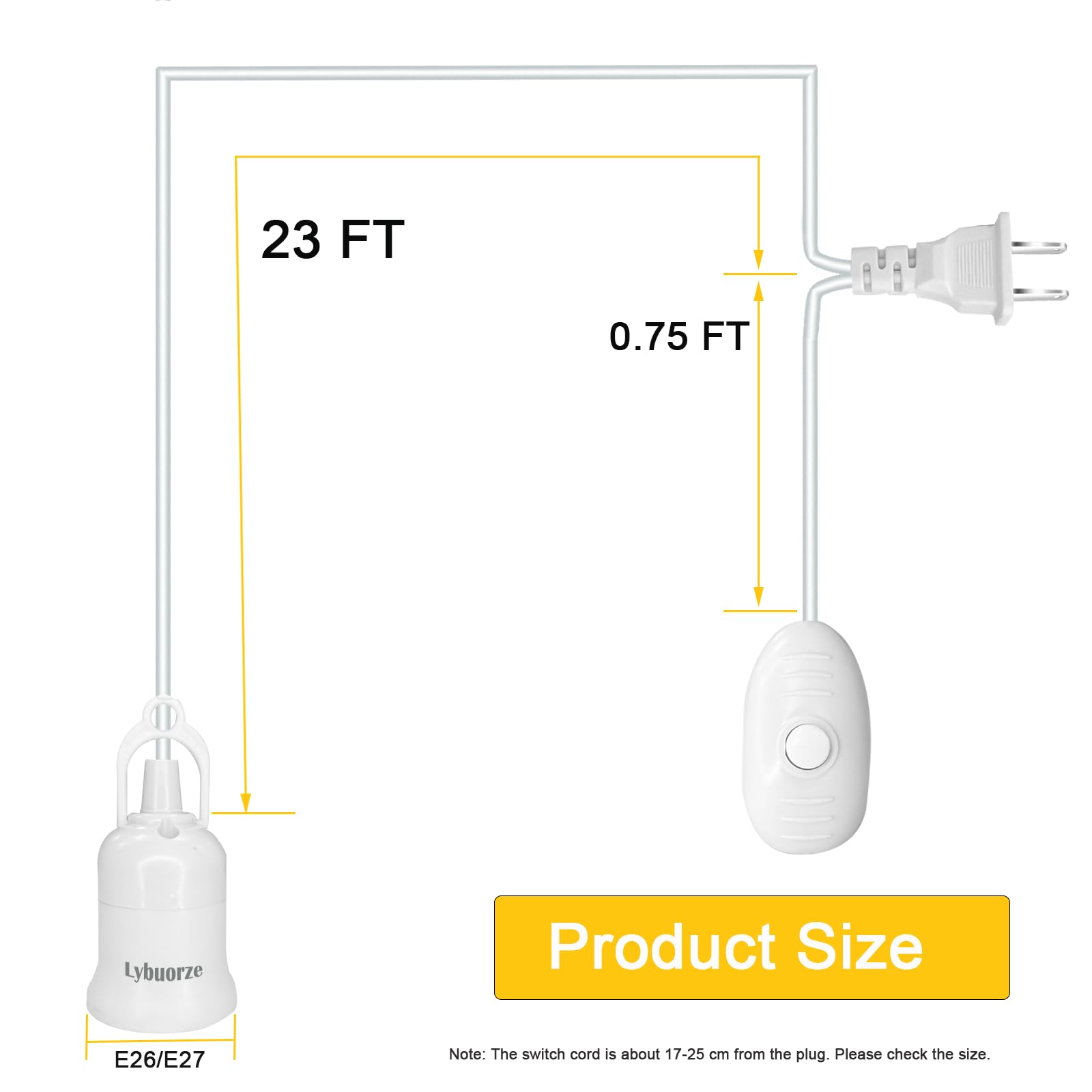 Lybuorze 23 ft Extension Hanging Lantern Pendant Light Lamp Cord Cable, Plug in Hanging Lamp Cord Kit with On Off Switch and E26 E27 Socket, Hanging Light Socket with Cord for Bedroom Garage Farmhouse